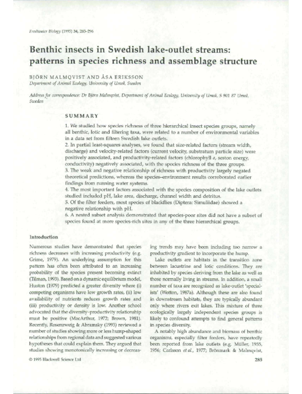 (PDF) Benthic insects in Swedish lake-outlet streams: patterns in ...