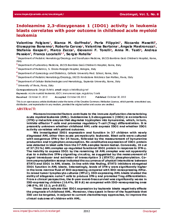 (PDF) Indoleamine 2,3-dioxygenase 1 (IDO1) activity in leukemia blasts ...