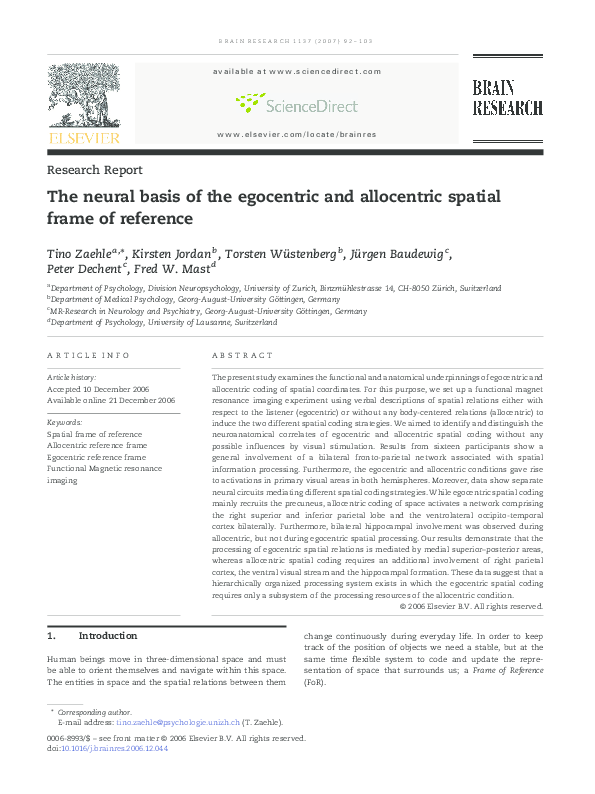 (PDF) The neural basis of the egocentric and allocentric spatial frame of reference