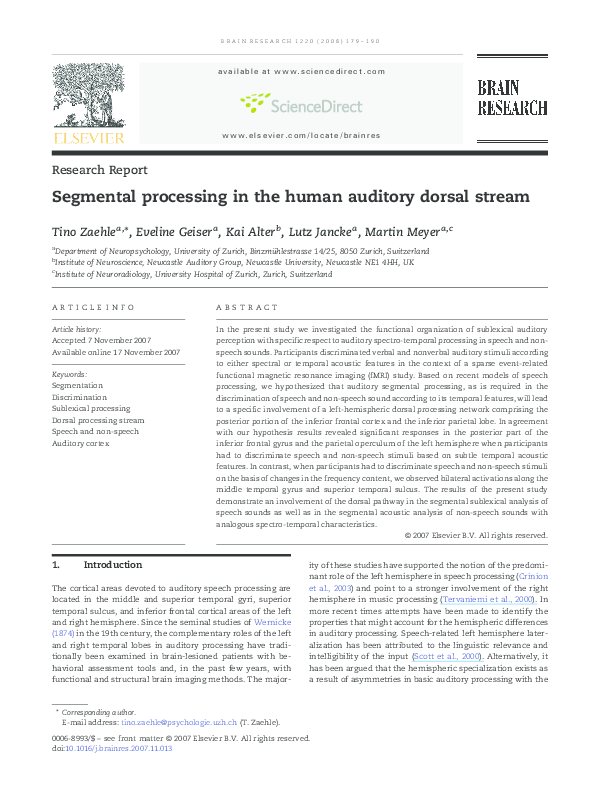 (PDF) Auditory Dorsal Stream and Speech Processing
