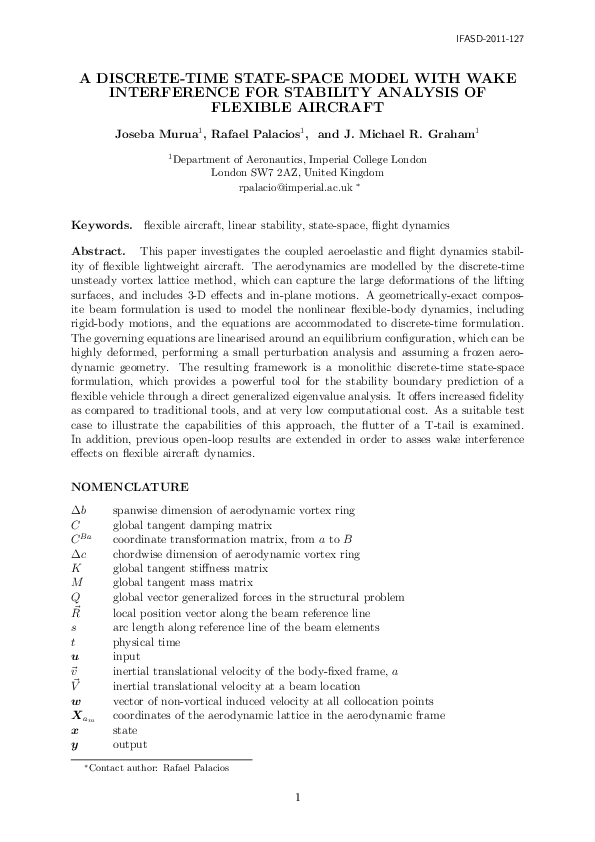 Pdf A Discrete Time State Space Model With Wake Interference For