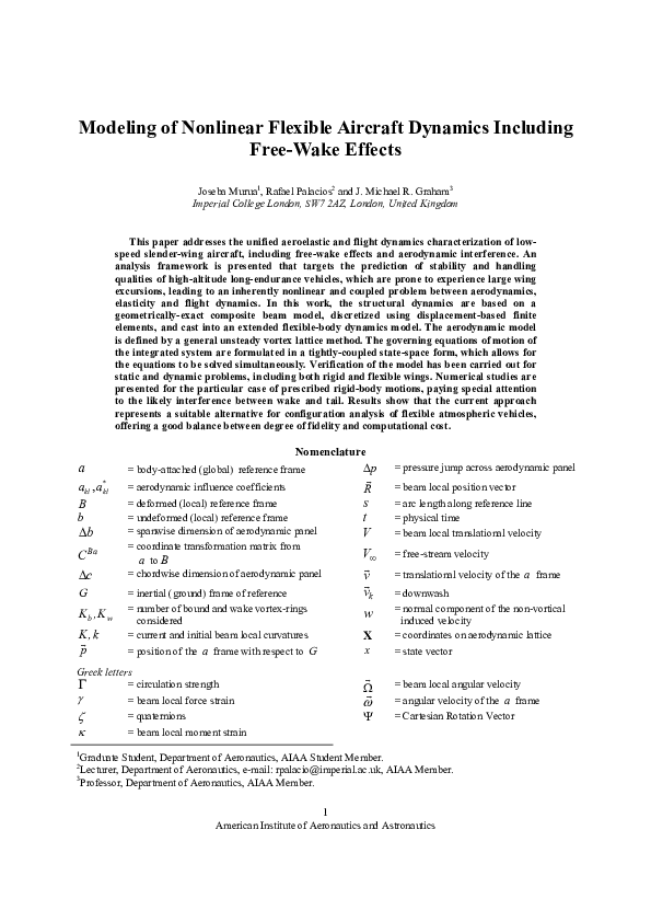 (PDF) Modeling of Nonlinear Flexible Aircraft Dynamics Including Free-Wake Effects