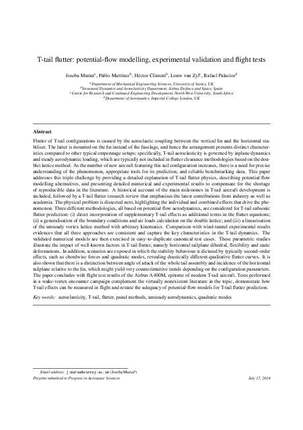 (PDF) T-tail flutter: Potential-flow modelling, experimental validation ...
