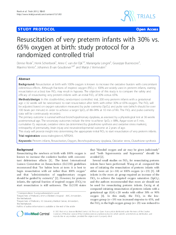 (PDF) Resuscitation of very preterm infants with 30% vs. 65% oxygen at ...