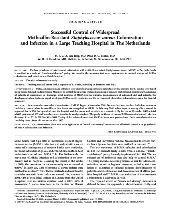 Pdf Successful Control Of Widespread Methicillin‐resistant Staphylococcus Aureus Colonization