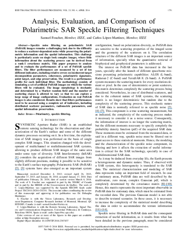 (PDF) Analysis, Evaluation, and Comparison of Polarimetric SAR Speckle Filtering Techniques