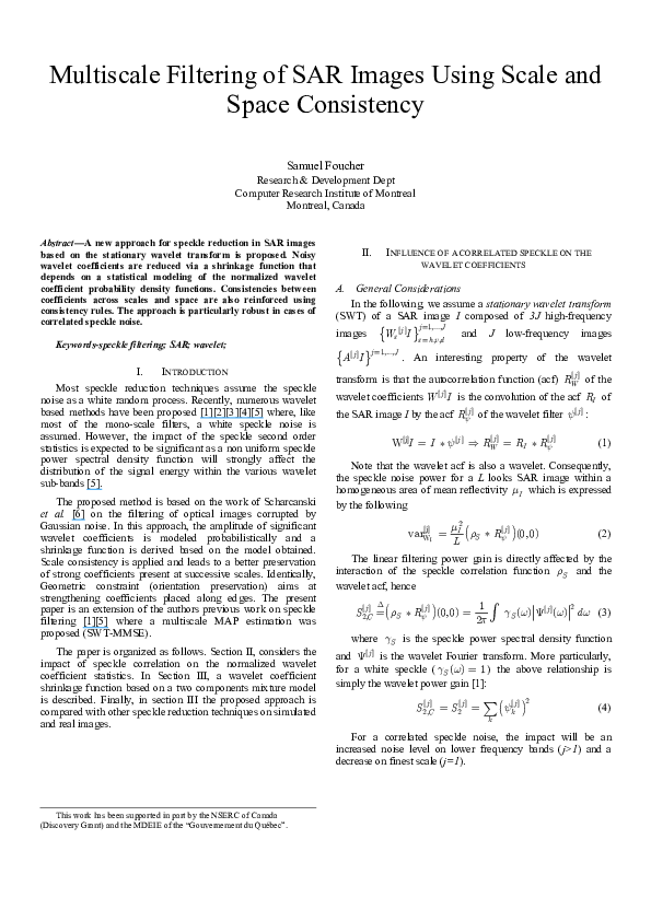 (PDF) Multiscale filtering of SAR images using scale and space consistency | Samuel Foucher ...