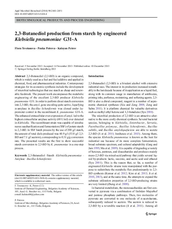 (PDF) 2,3-Butanediol production from starch by engineered Klebsiella pneumoniae G31-A