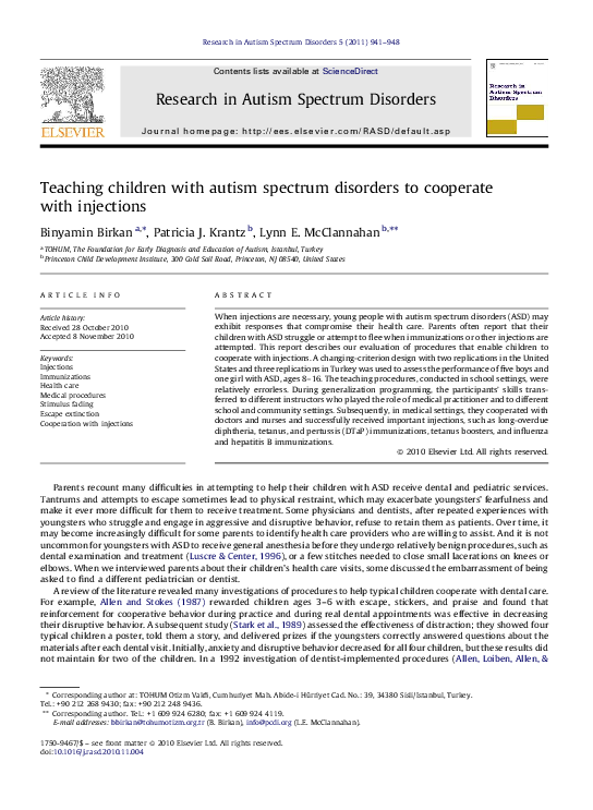 (PDF) Teaching children with autism spectrum disorders to cooperate with injections