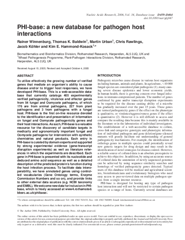 Pdf Phi Base A New Database For Pathogen Host Interactions