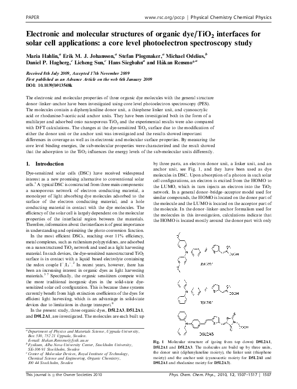 (PDF) Electronic and molecular structures of organic dye/TiO2 ...