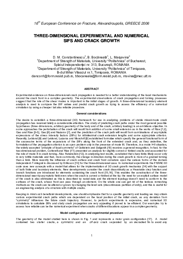 (PDF) Three-Dimensional Experimental and Numerical Sifs and Crack Growth