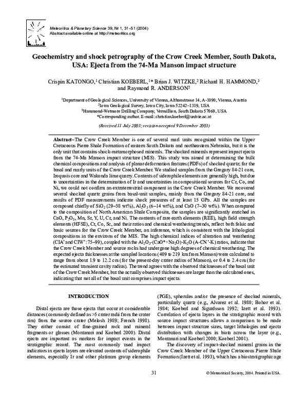 (PDF) Geochemistry and shock petrography of the Crow Creek Member ...