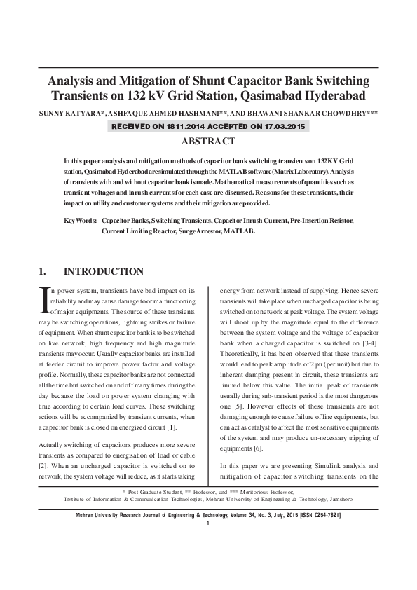 Pdf Analysis And Mitigation Of Shunt Capacitor Bank Switching Transients On 132 Kv Grid