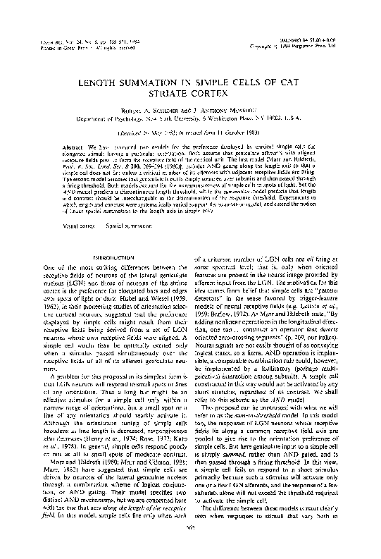 (PDF) Length summation in simple cells of cat striate cortex
