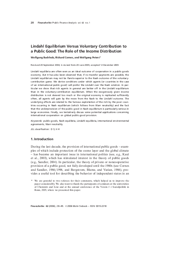 (PDF) Lindahl Equilibrium Versus Voluntary Contribution to a Public ...