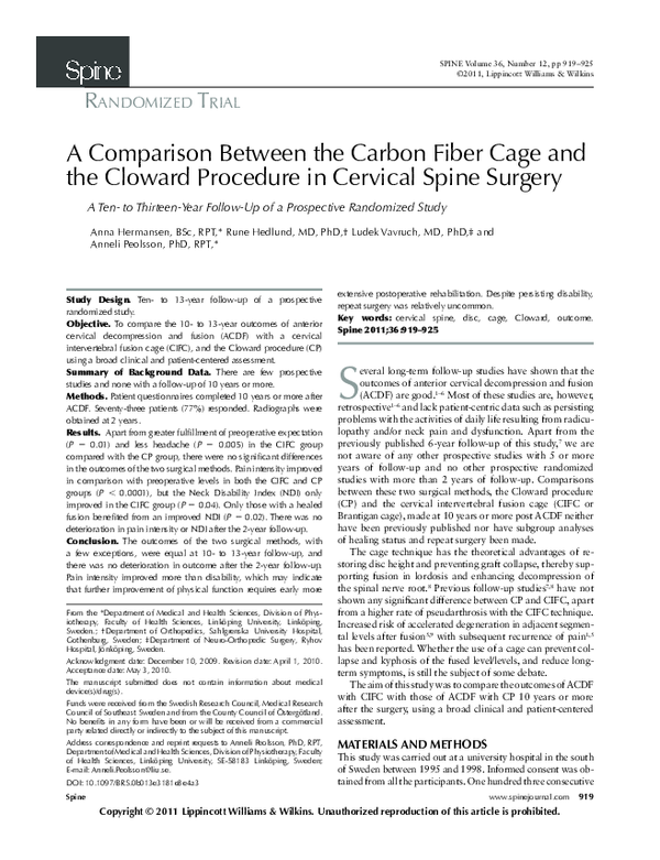 (PDF) A Comparison Between the Carbon Fiber Cage and the Cloward ...