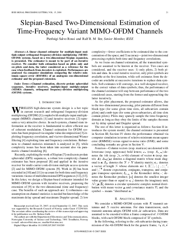 (PDF) Slepian-Based Two-Dimensional Estimation of Time-Frequency Variant MIMO-OFDM Channels