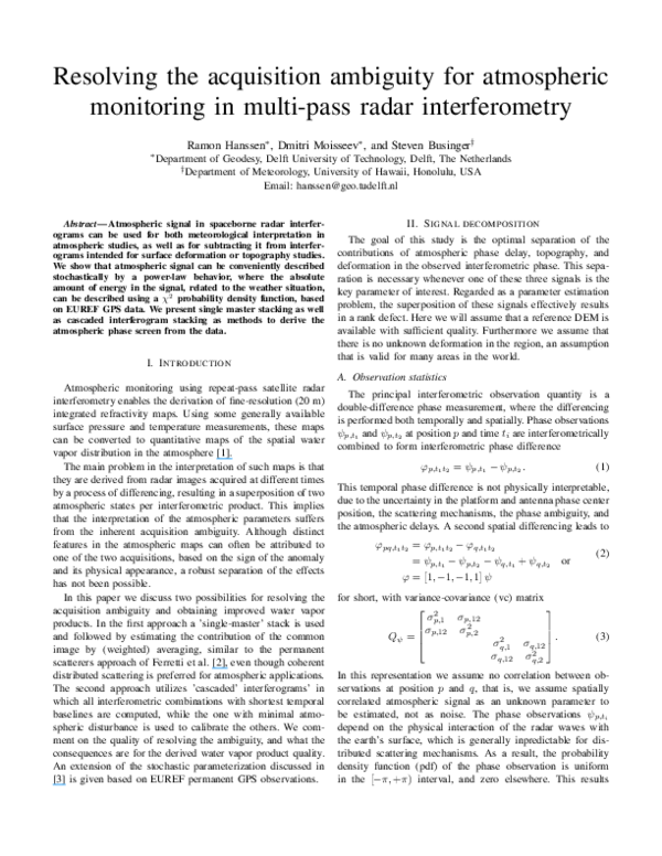 Resolving the acquisition ambiguity for atmospheric monitoring in multi-pass radar interferometry