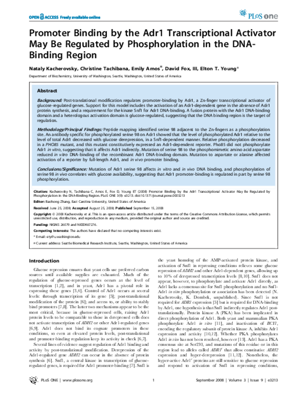 (PDF) Promoter Binding by the Adr1 Transcriptional Activator May Be ...