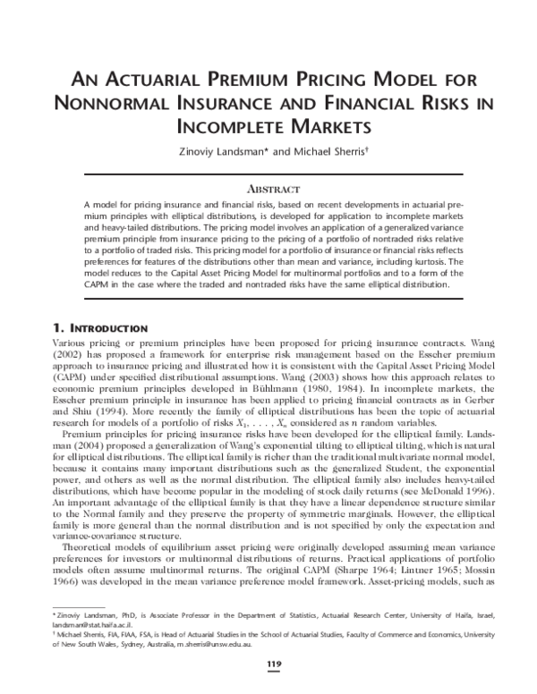 (PDF) An Actuarial Premium Pricing Model for Nonnormal Insurance and ...