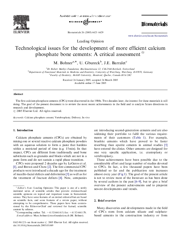 (PDF) Technological issues for the development of more efficient calcium phosphate bone cements ...