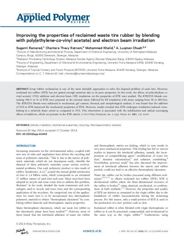 (PDF) Improving the properties of reclaimed waste tire rubber by blending with poly(ethylene- co ...