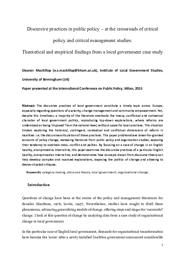 (PDF) Building links between public policy and critical management ...