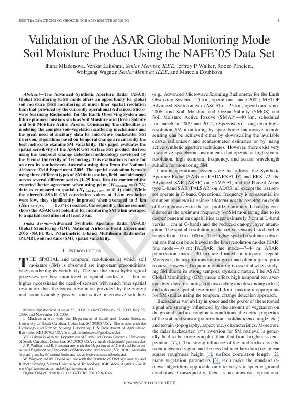 (PDF) Validation of the ASAR Global Monitoring Mode Soil Moisture Product Using the NAFE'05 Data Set