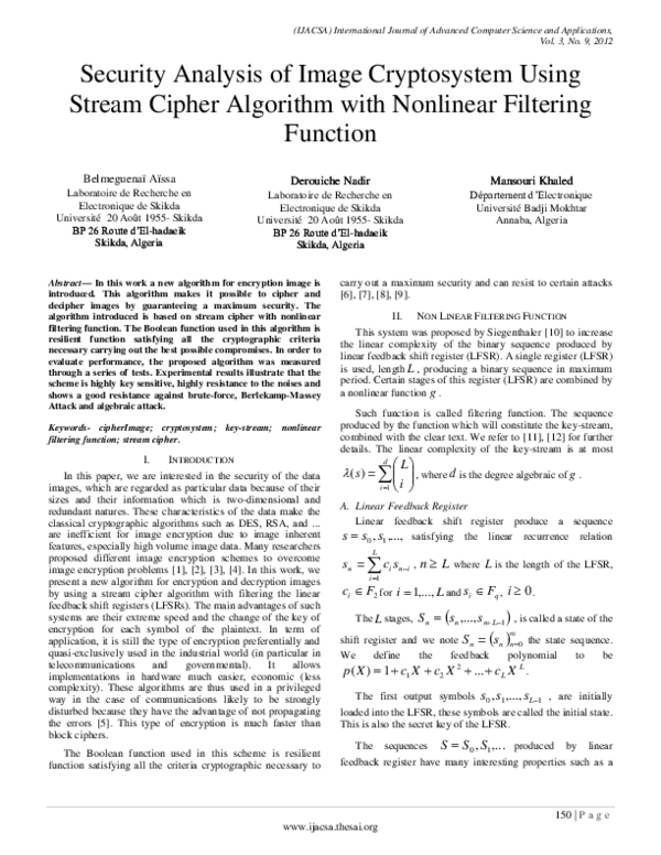 Pdf Security Analysis Of Image Cryptosystem Using Stream Cipher Algorithm With Nonlinear