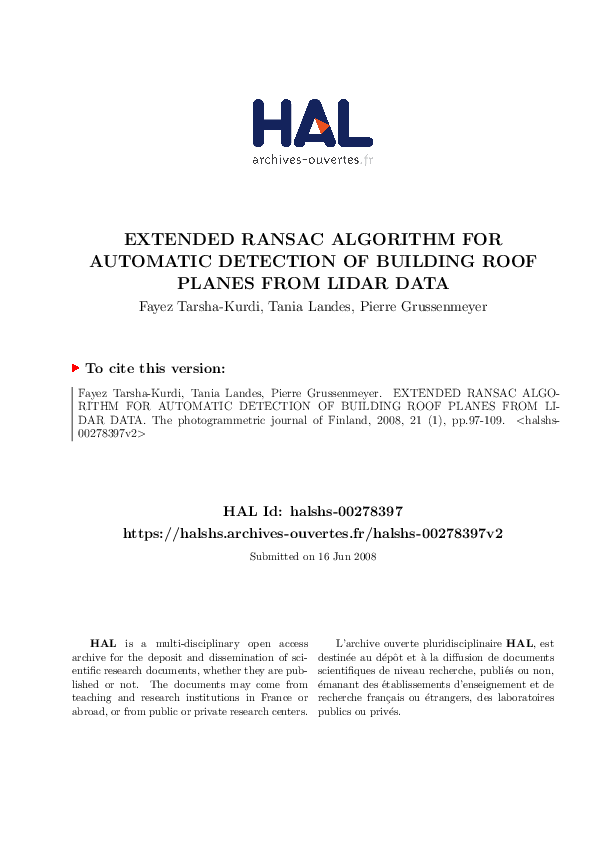 Pdf Extended Ransac Algorithm For Automatic Detection Of Building Roof Planes From Lidar Data