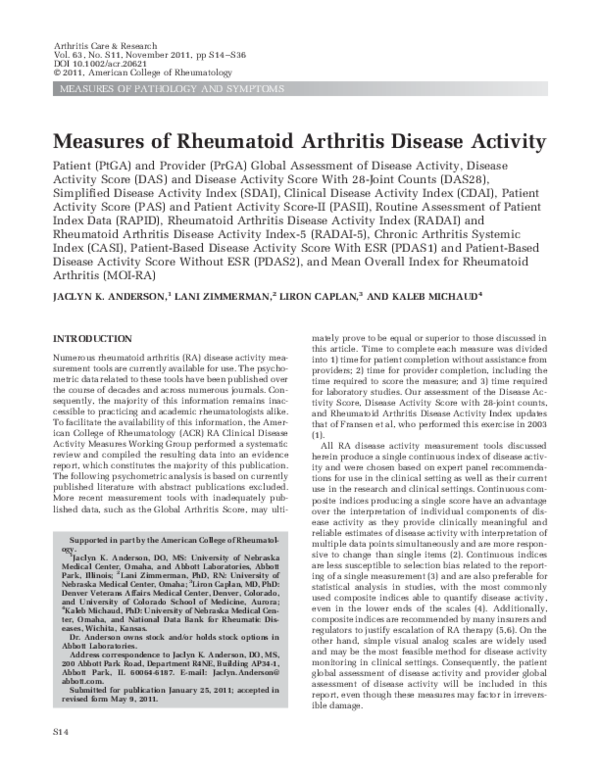 (PDF) Measures of rheumatoid arthritis disease activity: Patient (PtGA) and Provider (PrGA ...