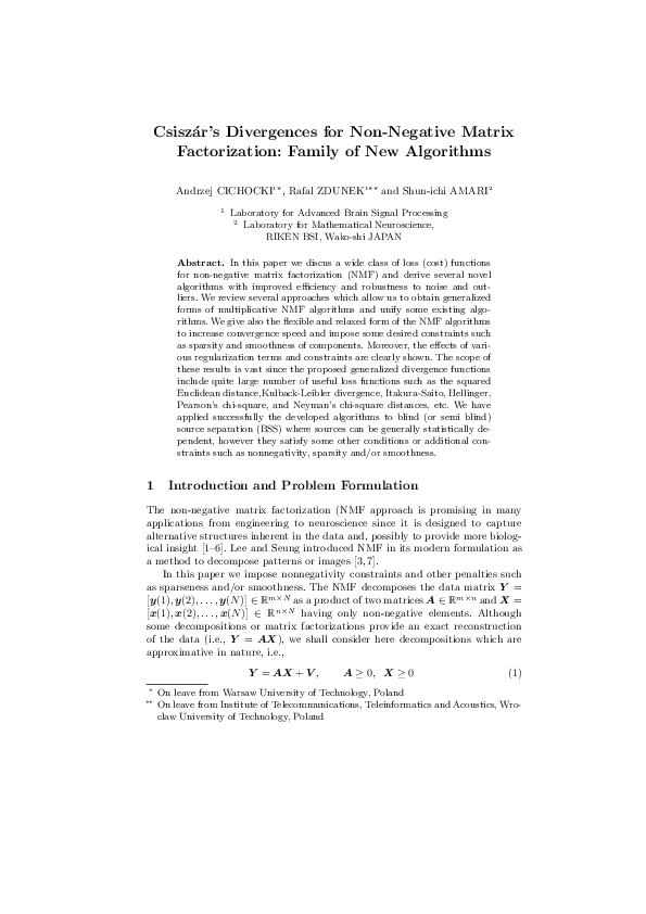 Pdf Csiszárs Divergences For Non Negative Matrix Factorization