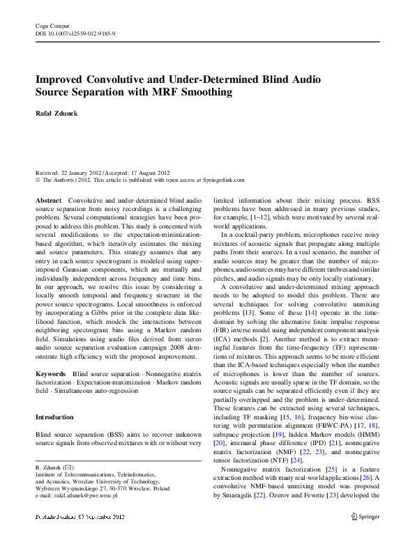 (PDF) Improved Convolutive and Under-Determined Blind Audio Source Separation with MRF Smoothing