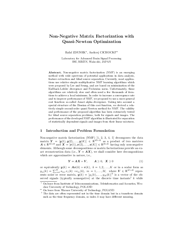 Pdf Non Negative Matrix Factorization With Quasi Newton Optimization