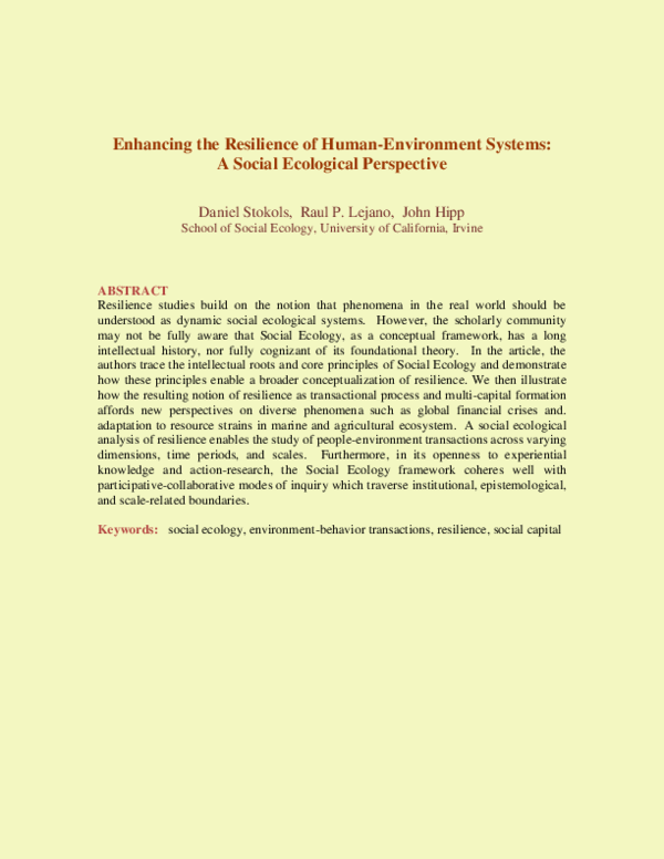 (PDF) Enhancing the resilience of human-environment systems: A social ...