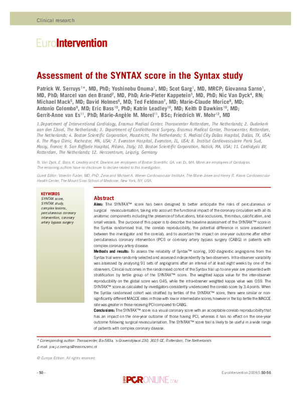 (PDF) Assessment of the SYNTAX score in the Syntax study