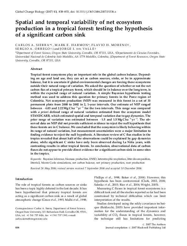 Pdf Spatial And Temporal Variability Of Net Ecosystem Production In A Tropical Forest Testing