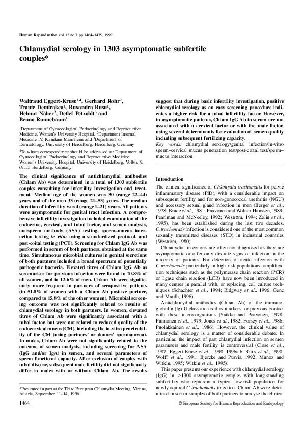 (PDF) Chlamydial serology in 1303 asymptomatic subfertile couples
