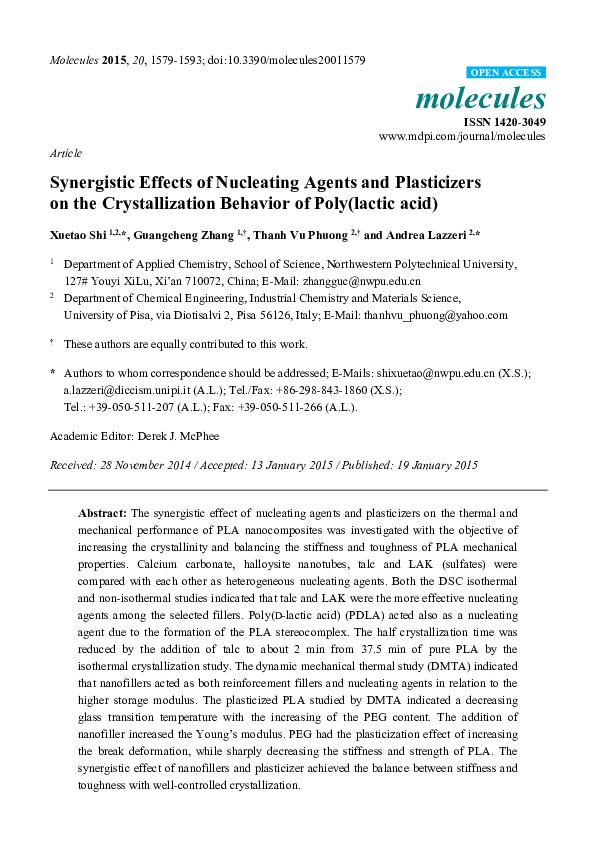 (PDF) Synergistic Effects of Nucleating Agents and Plasticizers on the Crystallization Behavior ...