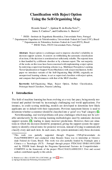 Pdf Classification With Reject Option Using The Self Organizing Map