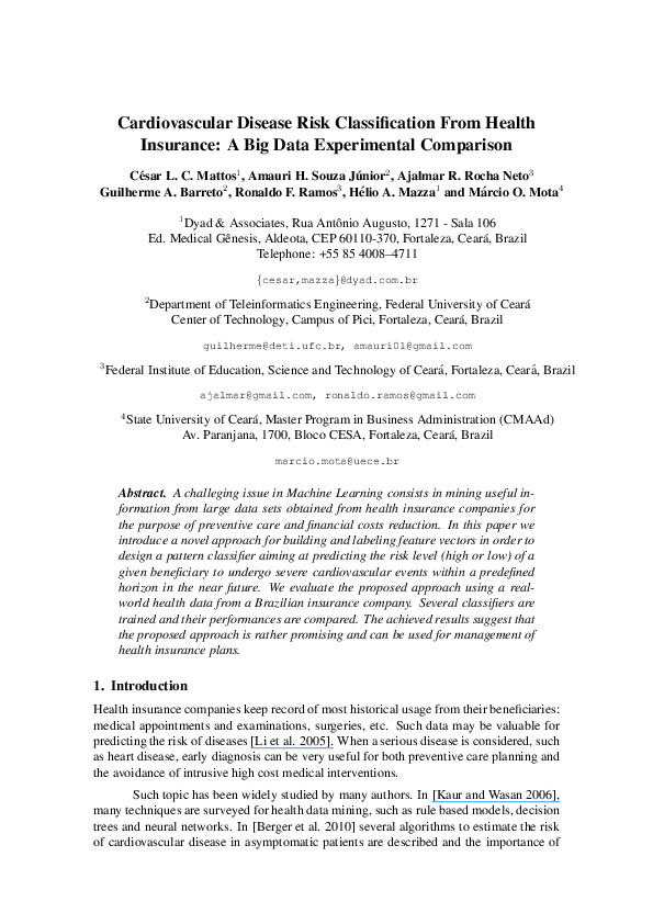 (PDF) Cardiovascular Disease Risk Classification From Health Insurance ...