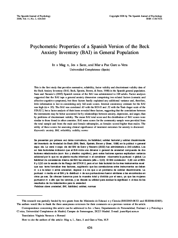 (PDF) Psychometric properties of a Spanish version of the Beck Anxiety ...