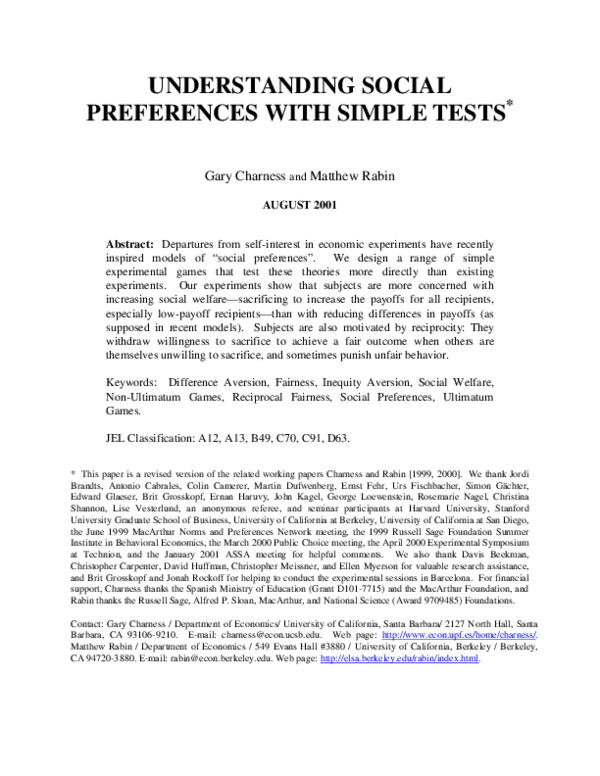 (PDF) Understanding Social Preference with Simple Tests