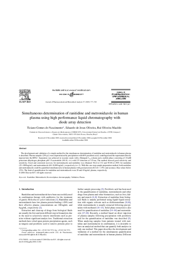 (PDF) Simultaneous determination of ranitidine and metronidazole in human plasma using high ...