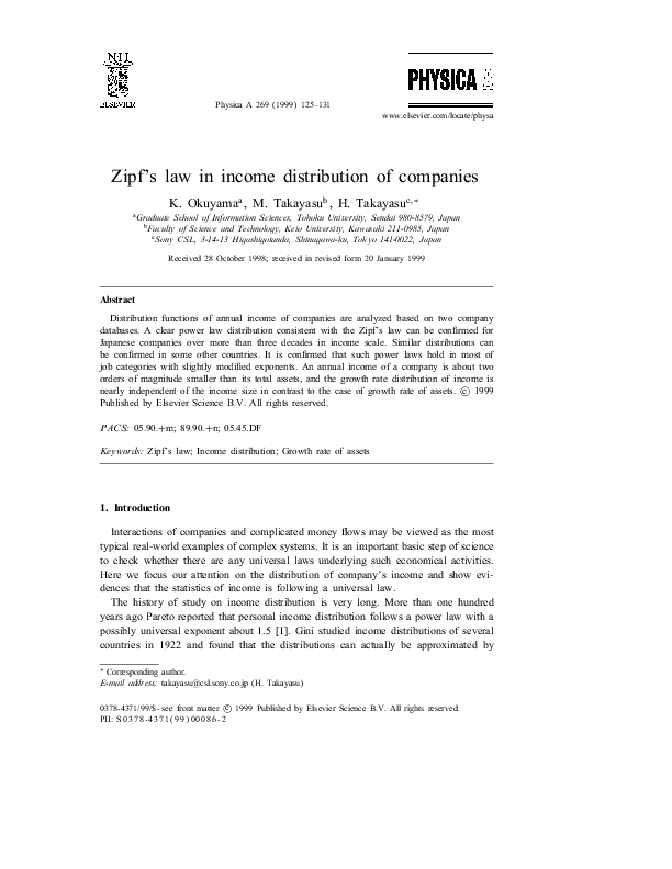(PDF) Zipf's law in income distribution of companies