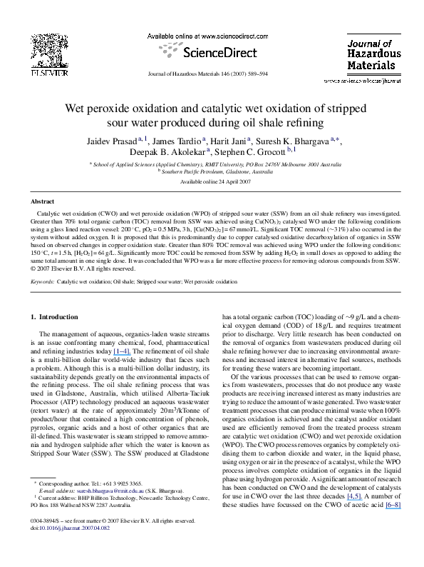 (PDF) Wet peroxide oxidation and catalytic wet oxidation of stripped ...