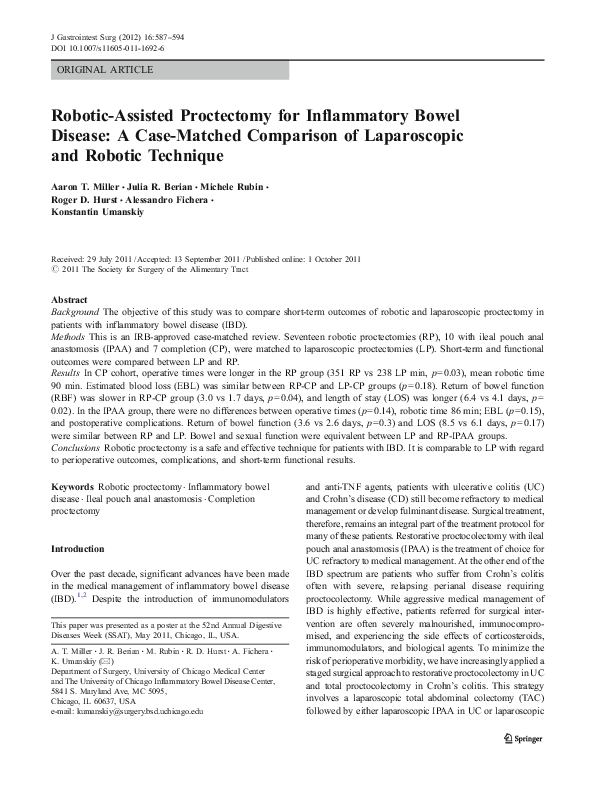 (PDF) Robotic-Assisted Proctectomy for Inflammatory Bowel Disease: A Case-Matched Comparison of ...