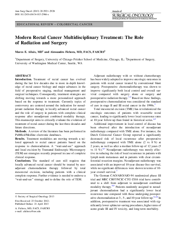 (PDF) Modern Rectal Cancer Multidisciplinary Treatment: The Role of Radiation and Surgery