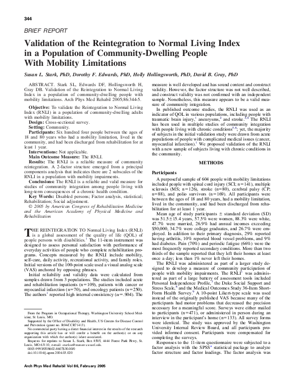 (PDF) Validation of the Reintegration to Normal Living Indexin a ...